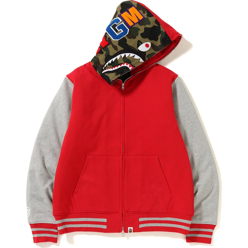 Bape Shark Sweat Varsity Hoodie Jacket Red Grey - Novelship