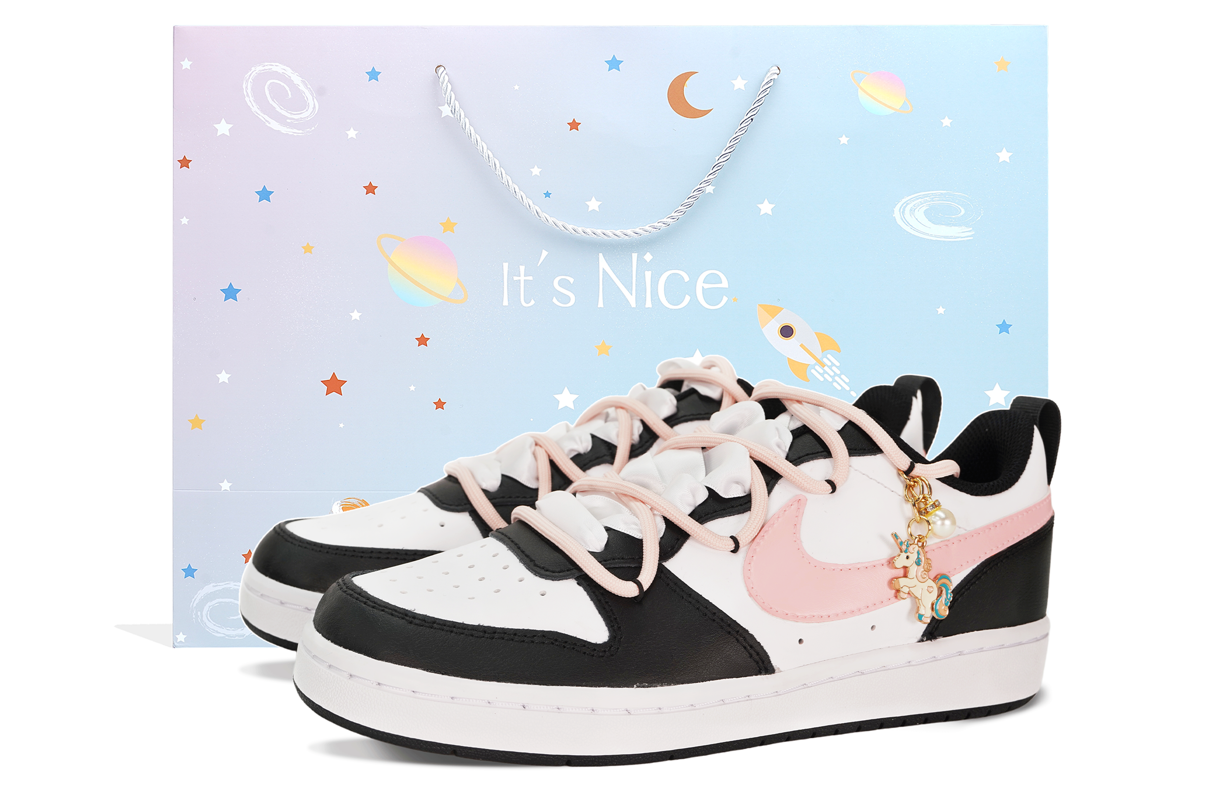 [Custom Shoes] Nike Court Borough Low 'Black Pink Rainbow Pony' - Novelship