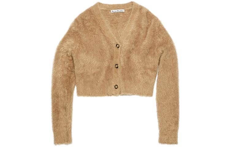 Buy (Women) Acne Studios Fuzzy V-Neck Cropped Knit Sweater Camel Brown ...