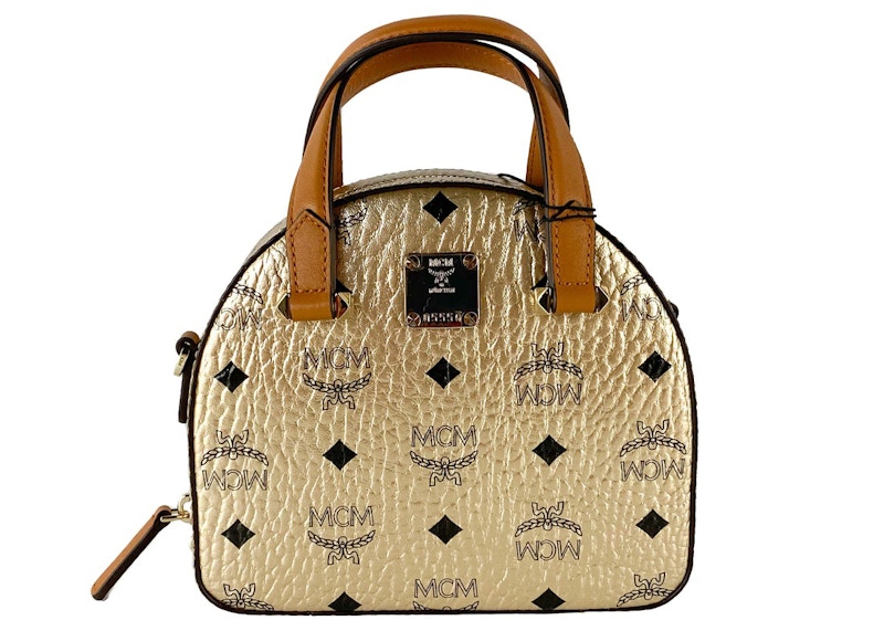 Buy MCM Diamond Logo Visetos Mini Round Top Tote Bag Berlin Gold ...
